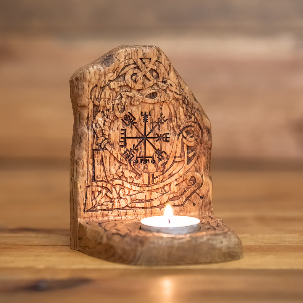 Vegvisir Carved Wood Candle Holder – Skullvikings