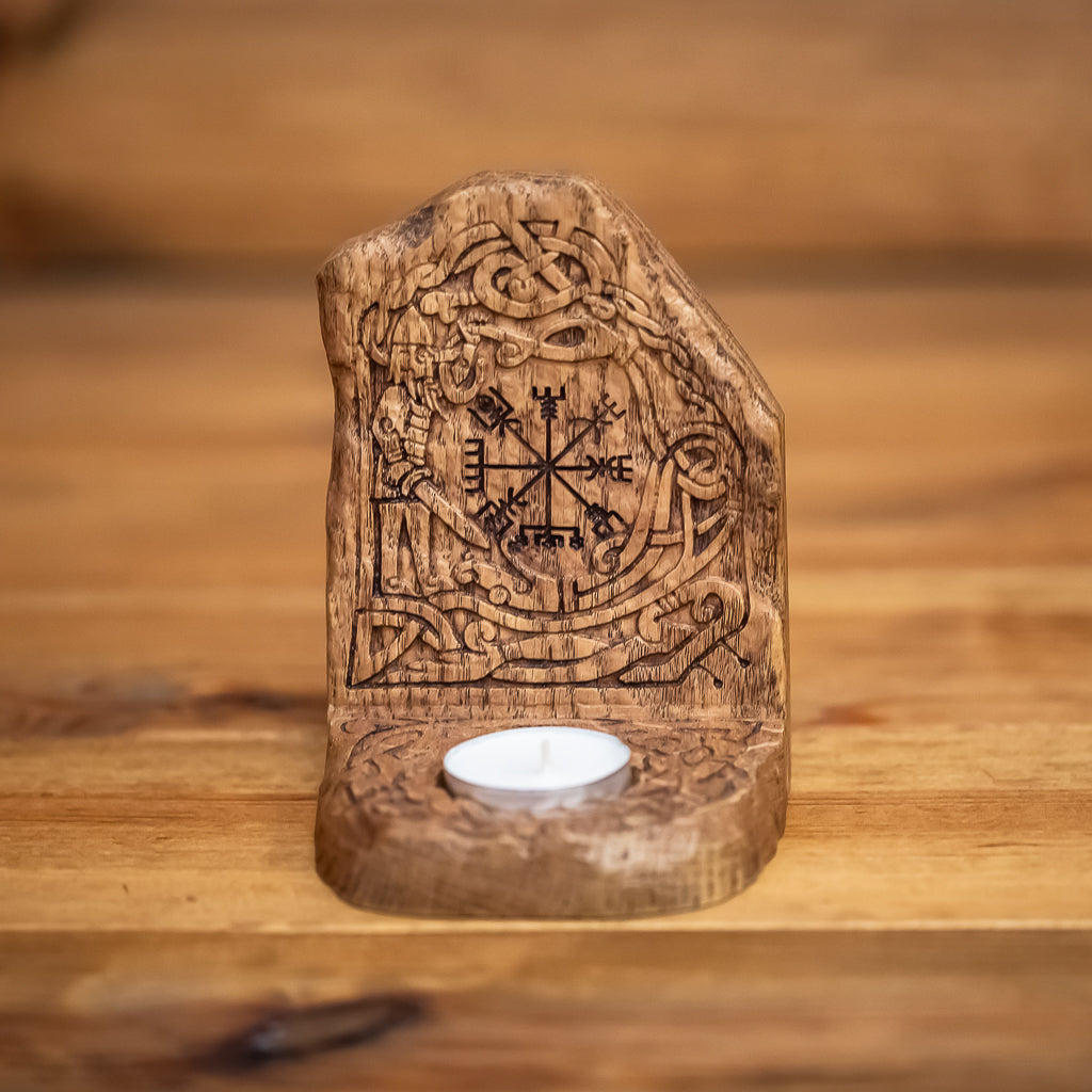 Vegvisir Carved Wood Candle Holder – Skullvikings