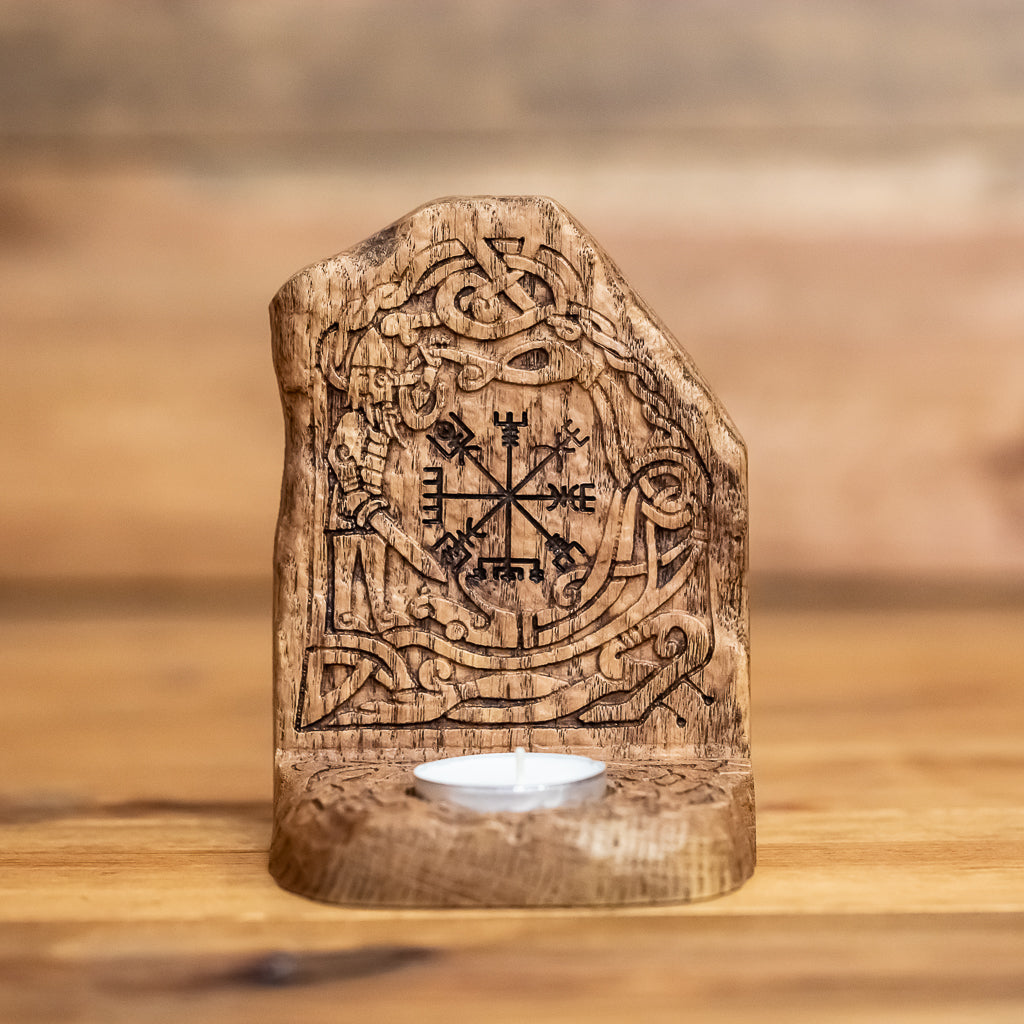 Vegvisir Carved Wood Candle Holder – Skullvikings