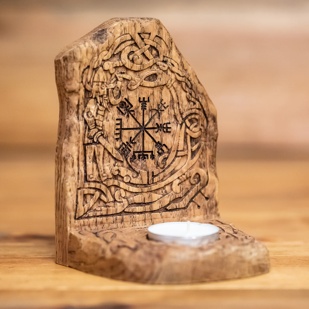 Vegvisir Carved Wood Candle Holder – Skullvikings
