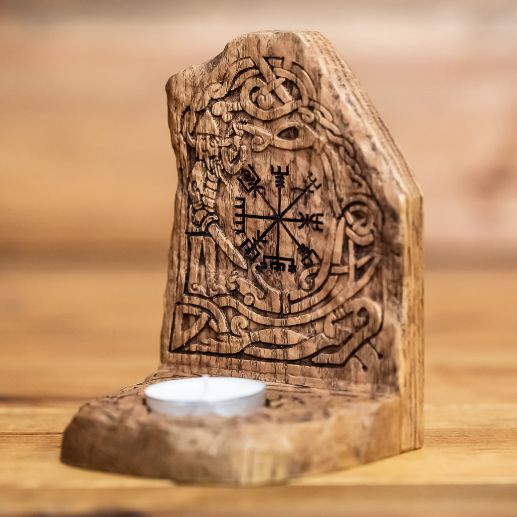 Vegvisir Carved Wood Candle Holder – Skullvikings